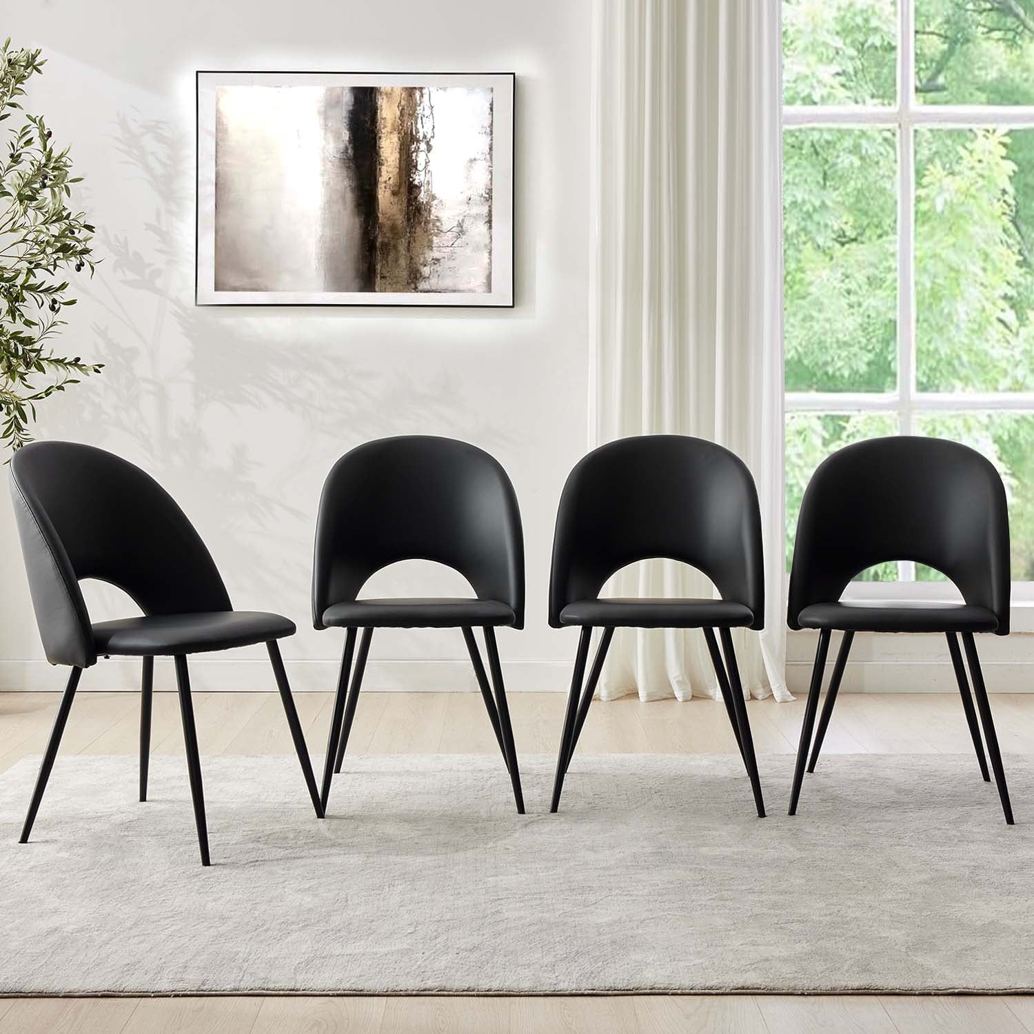 Black PU Leather Dining Chair Set of 4, Metal Frame Open Back Kitchen ...