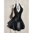 Black PU Leather Halter Mini Dress With Corset Lace-Up Front And ...