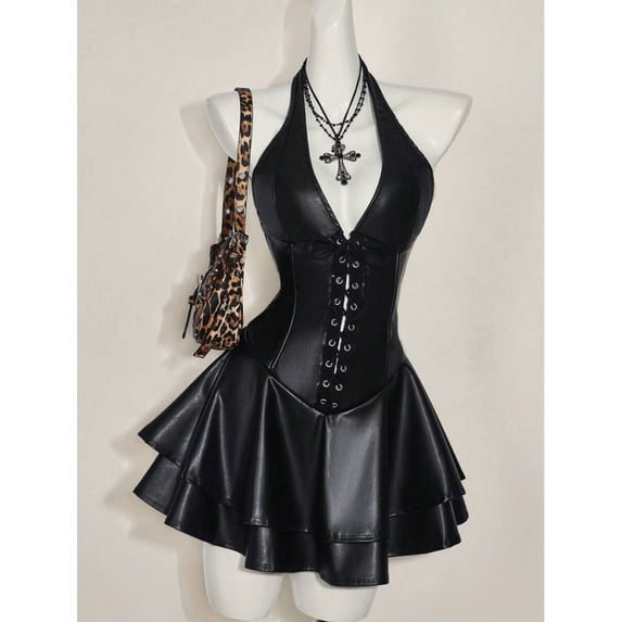 Black PU Leather Halter Mini Dress With Corset Lace-Up Front And ...