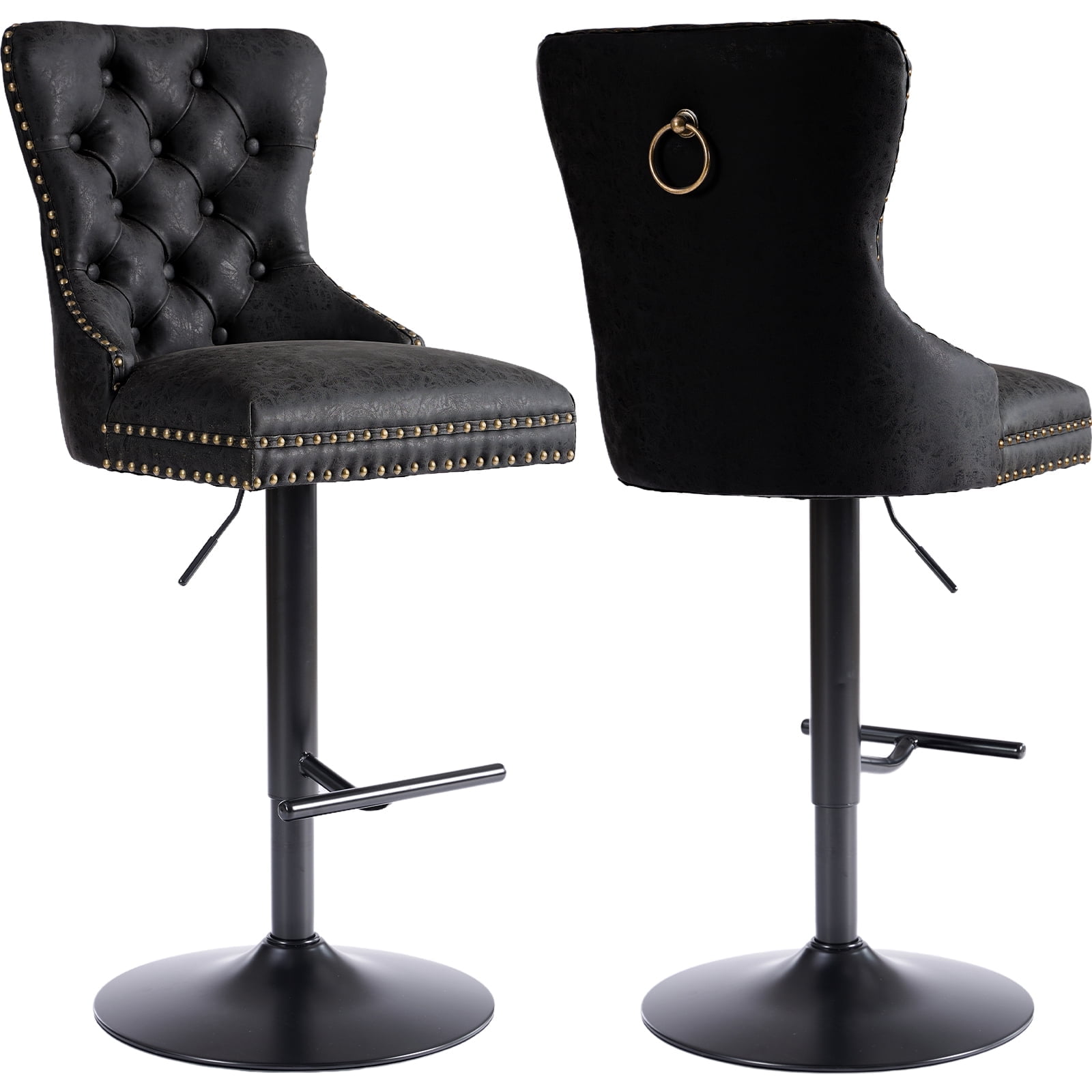 Black PU Leather Swivel Bar Stools Set of 2 with Upholstered Back ...