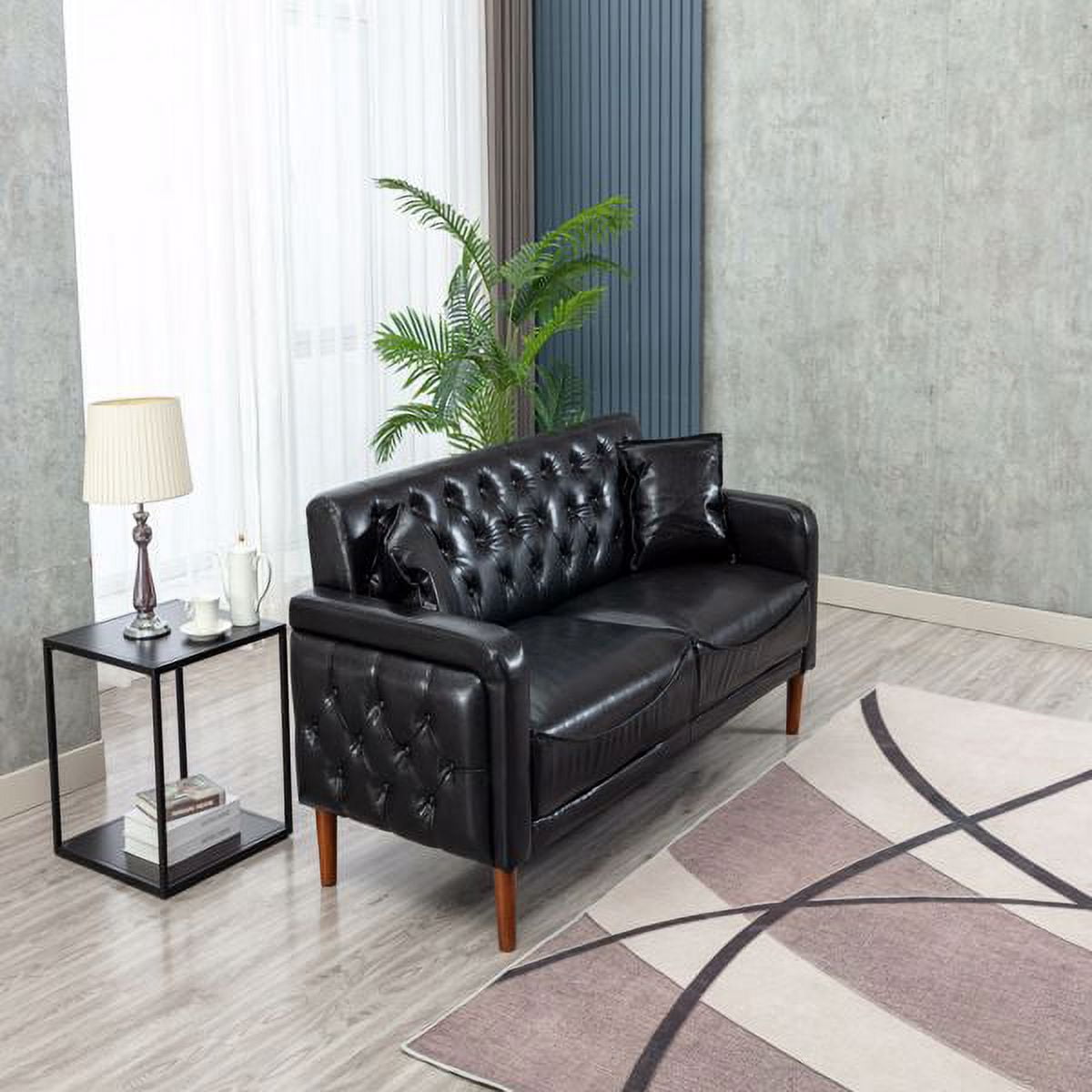 Black PU Leather Tufted Sofa | Removable Wooden Legs, 3-Seater Modern ...