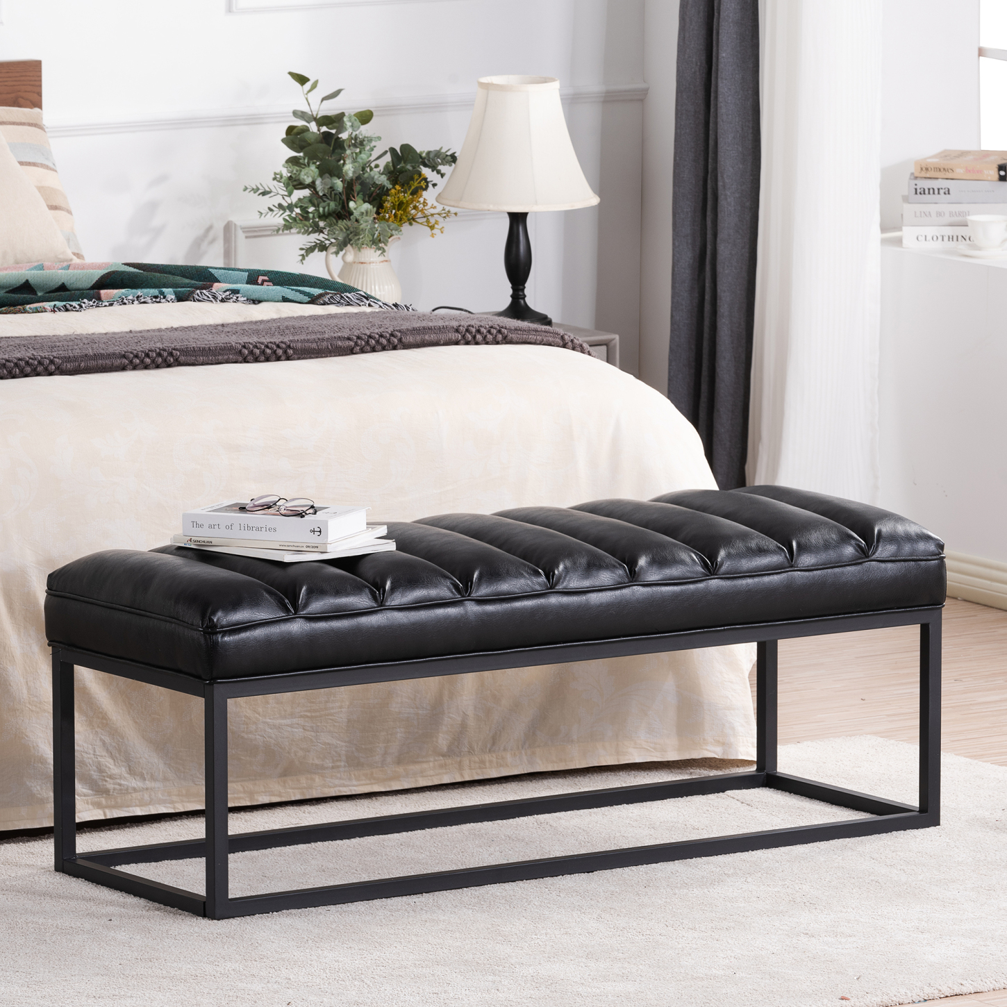 Black PU Upholstered Bench with Sturdy Metal Base, Sleek 3D Quilted ...