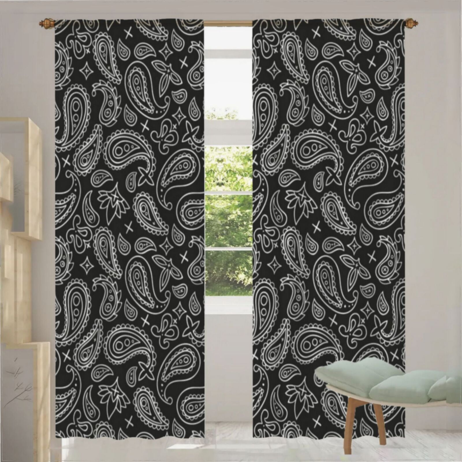 Black Paisley Bandana Pattern (2) Curtains for Living Room Bedroom ...