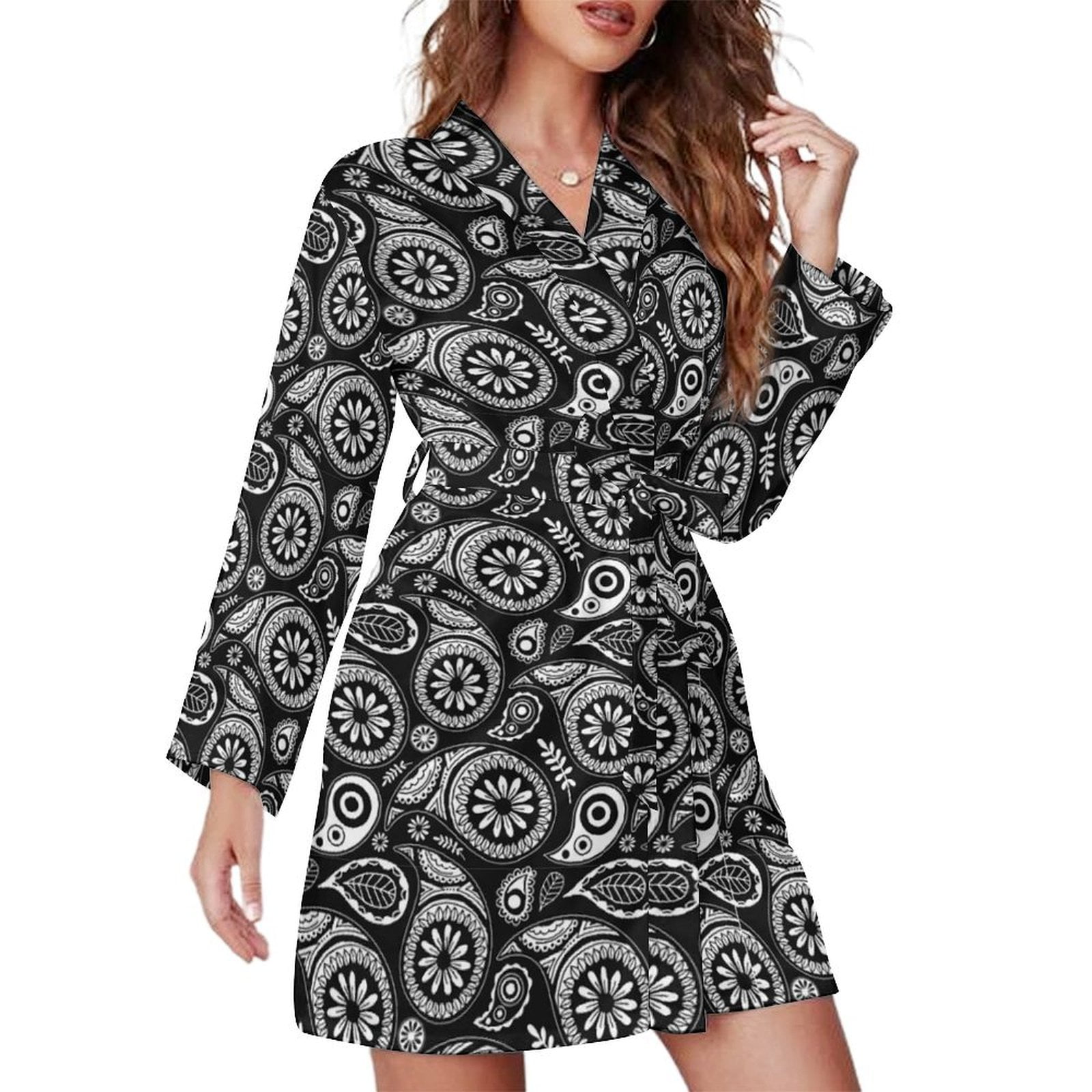 Black Paisley Bandana Pattern Night Robe Long Sleeve V Neck Robe With ...