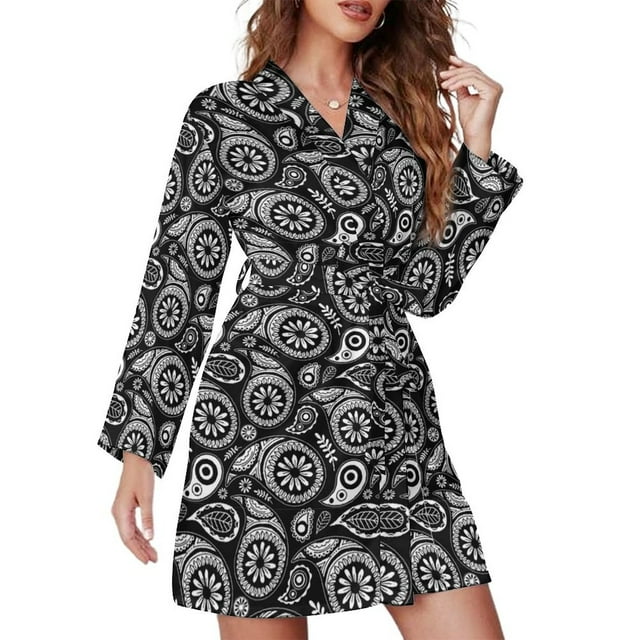 Black Paisley Bandana Pattern Night Robe Long Sleeve V Neck Robe With ...