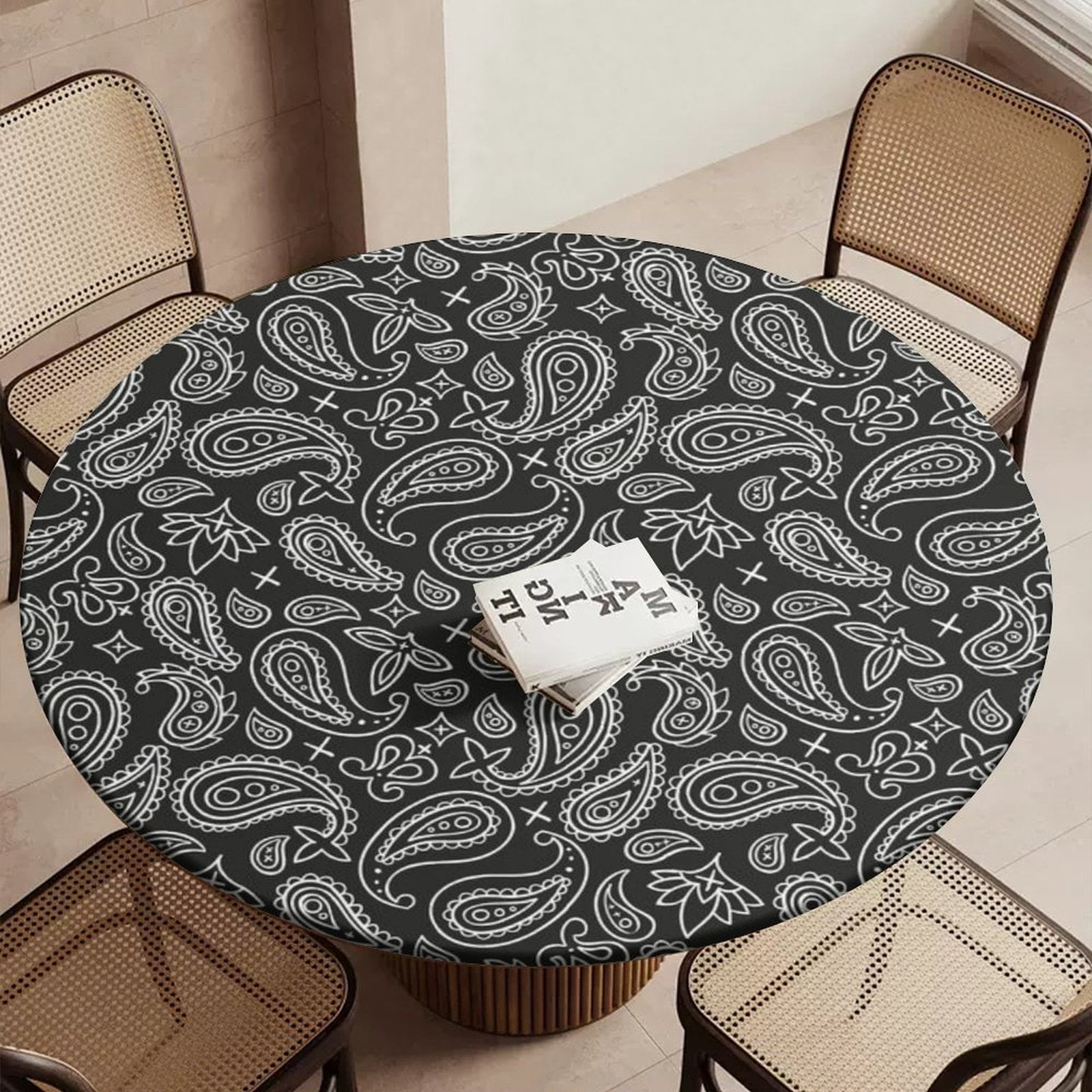 Black Paisley Bandana Pattern Round Table Cover Kitchen Printed ...