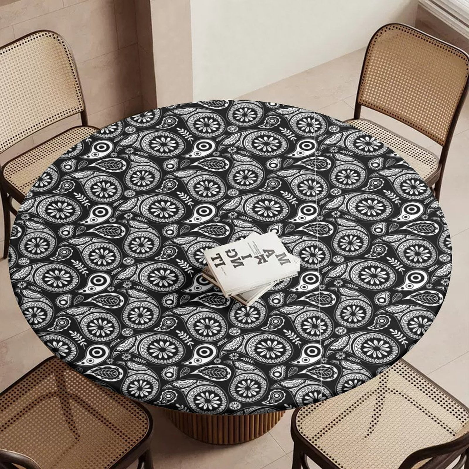 Black Paisley Bandana Pattern Round Table Cover Kitchen Printed ...