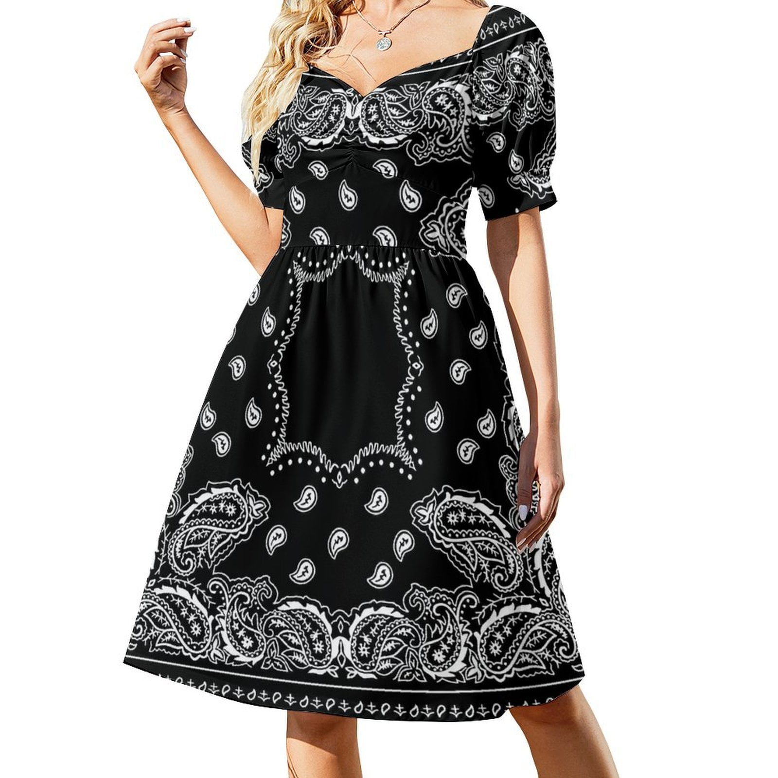 Black Paisley Bandana Pattern Short Sleeve Dress Clothes Women's Summer ...