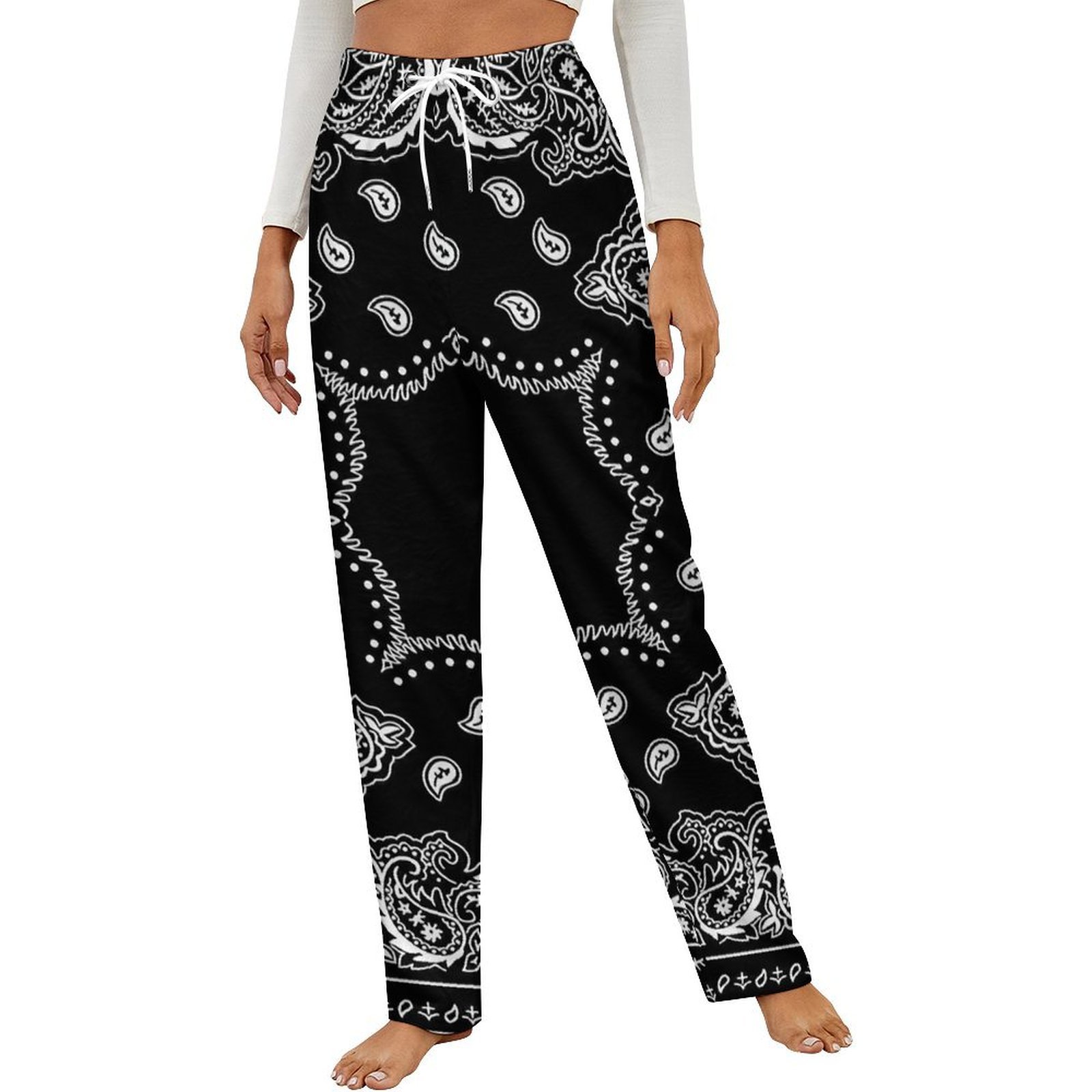 Black Paisley Bandana Pattern Winter Female Pants Flannel High Waist ...