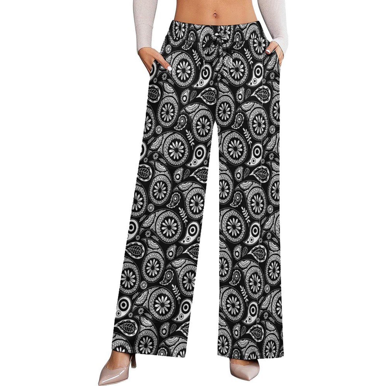 Black Paisley Bandana Pattern Women's Casual Wide Leg Pants Comfort ...