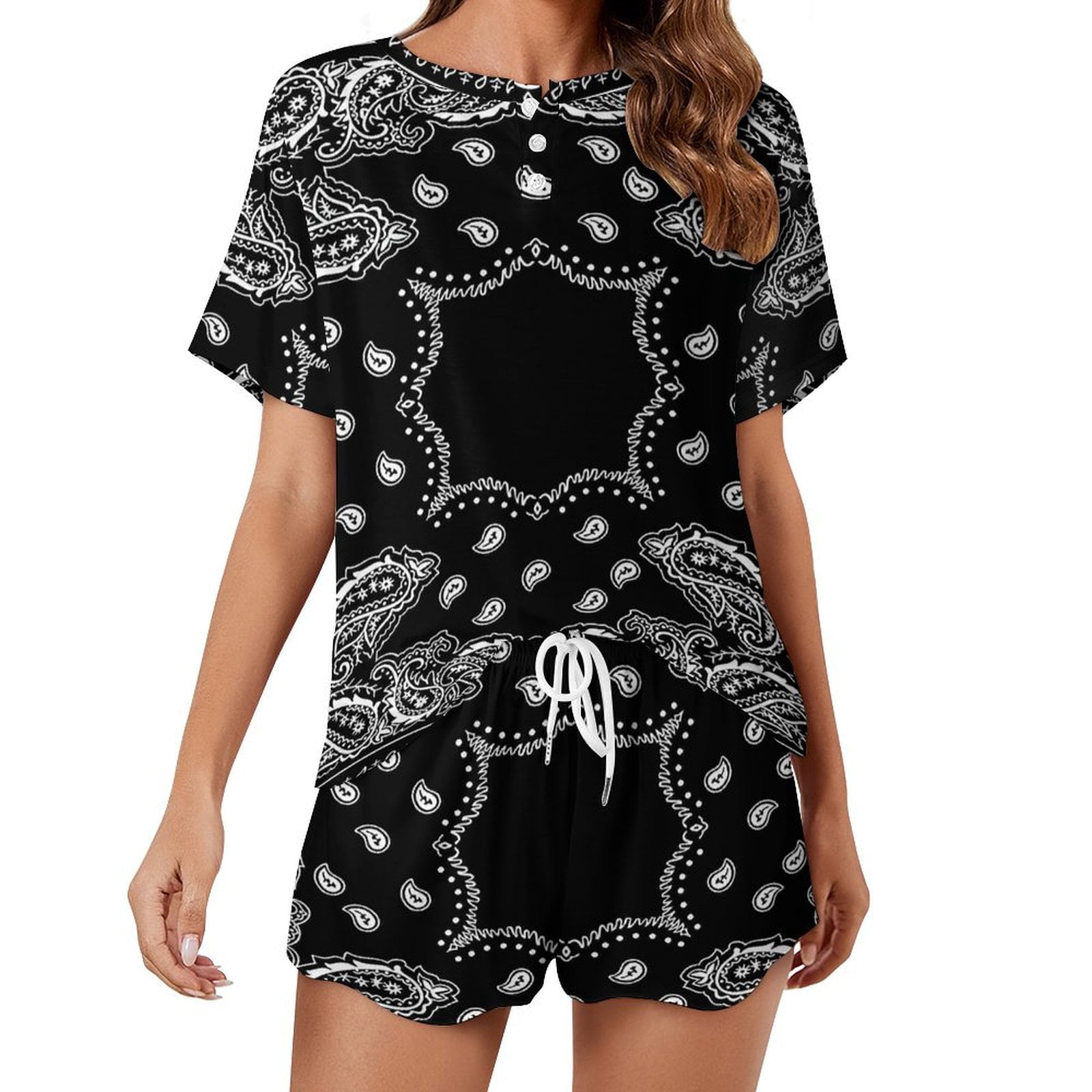 Black Paisley Bandana Pattern Women's Loungewear Set 2 Piece Casual ...