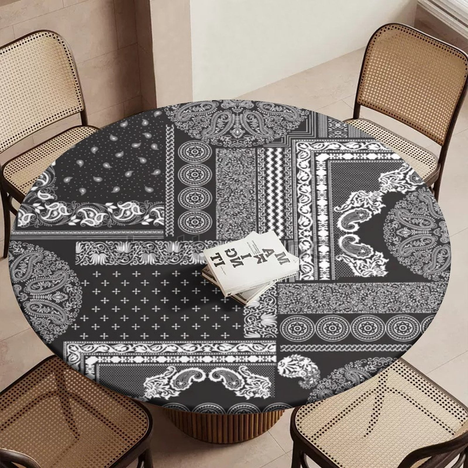 Black Paisley Bandana Patterns Round Table Cover Kitchen Printed ...