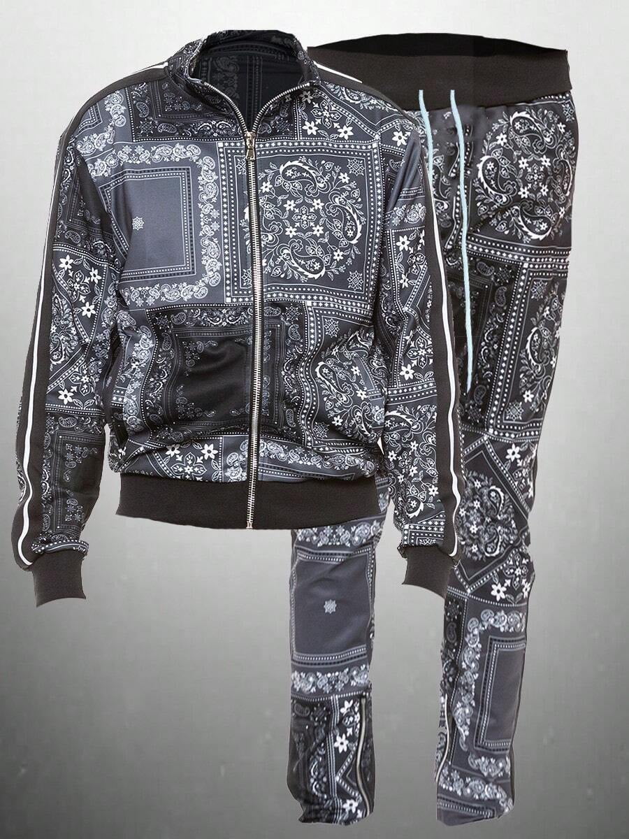Black Paisley Bandana Print Zip-Up Jacket And Jogger Pants Two-Piece ...