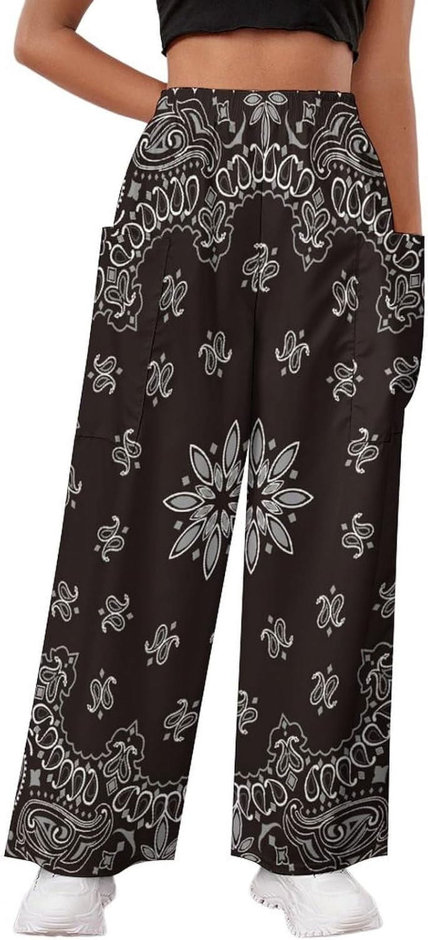 Black Paisley Bandana Women's Casual Pants Yoga Loose Wide Legs ...