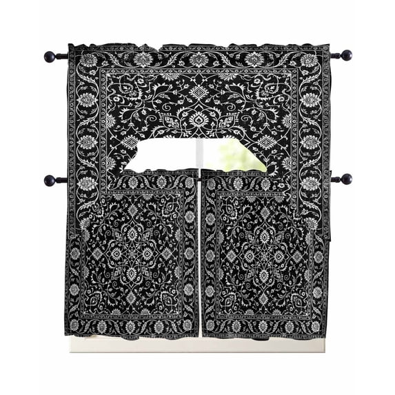 Black Paisley Boho Kitchen Curtains Set for Windows 3 Piece Cafe ...