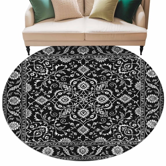 Black Paisley Boho Round Rug 8ft Washable Circle Rugs Non Slip Abstract ...
