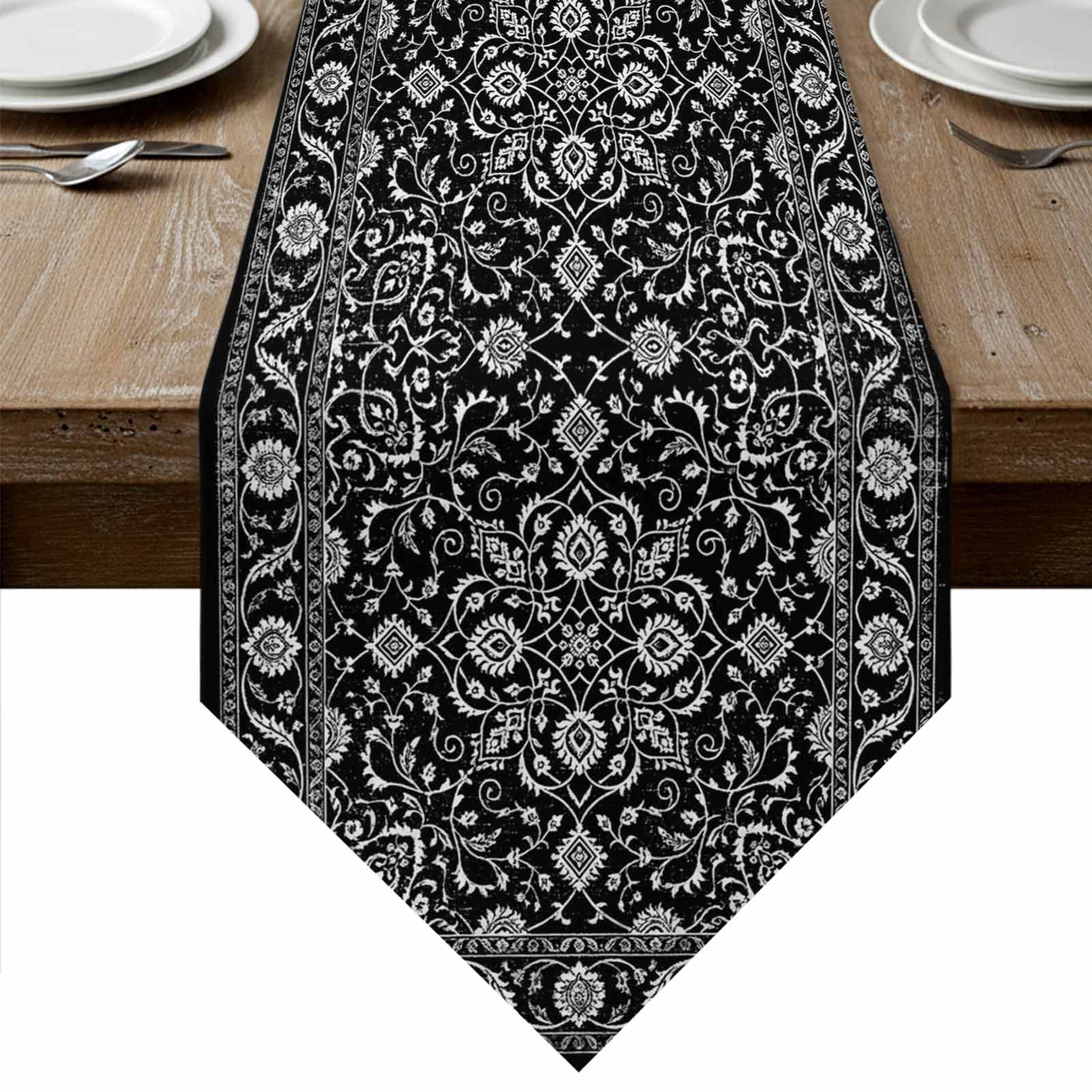 Black Paisley Boho Table Runner Linen Burlap Table Runner 72 Inches ...