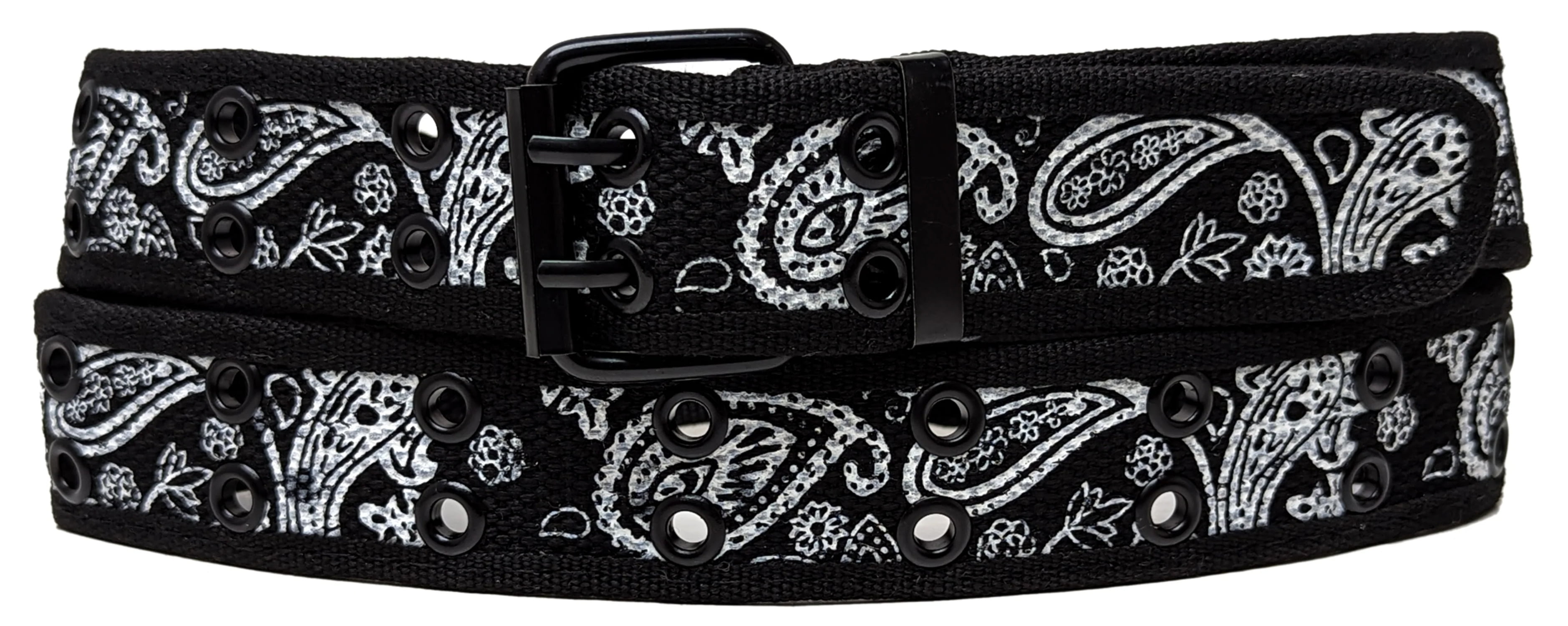 Black Paisley Design 2 Holes Row Metal Grommet Stitched Canvas Fabric ...