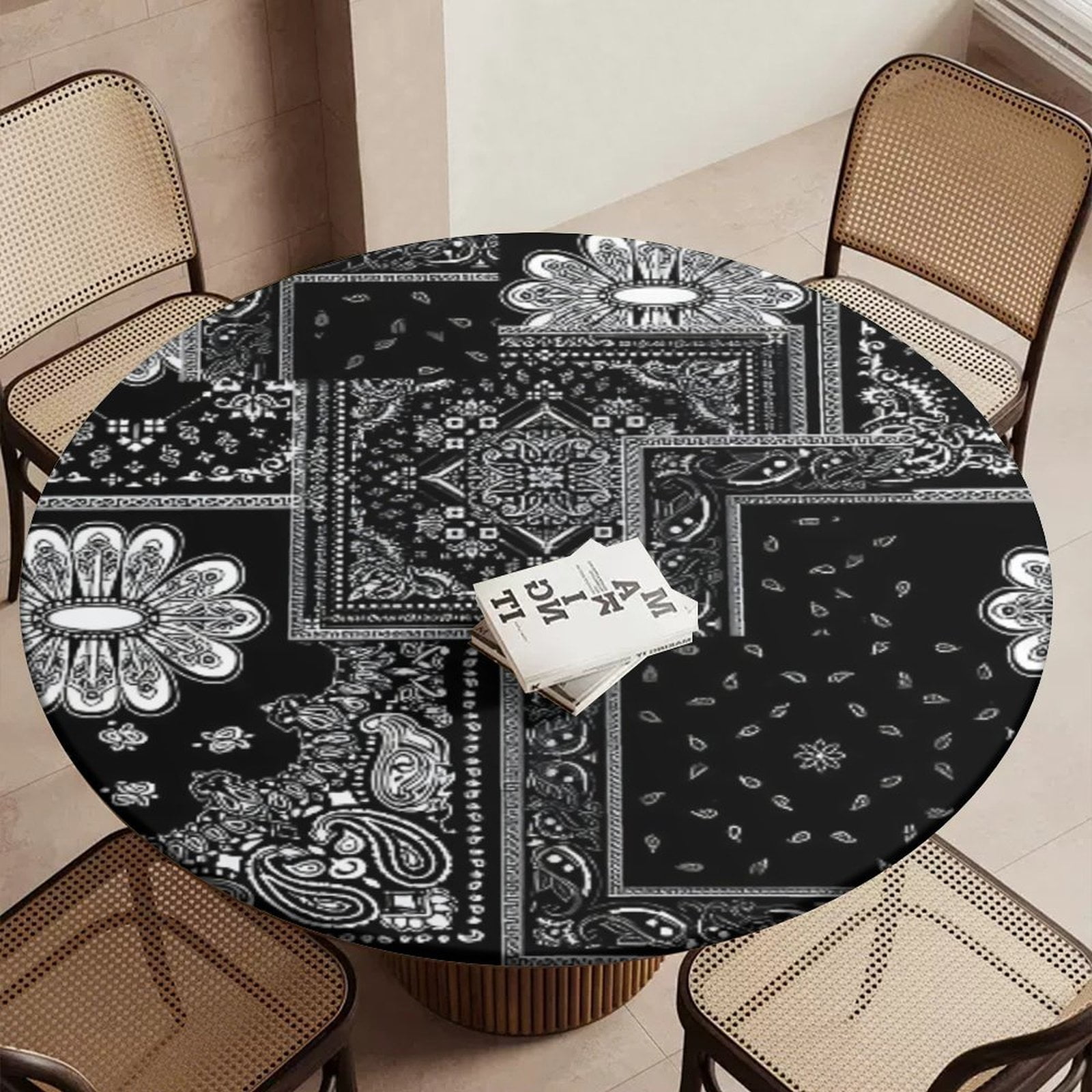 Black Paisley Floral Bandana Print Round Table Cover Kitchen Printed ...