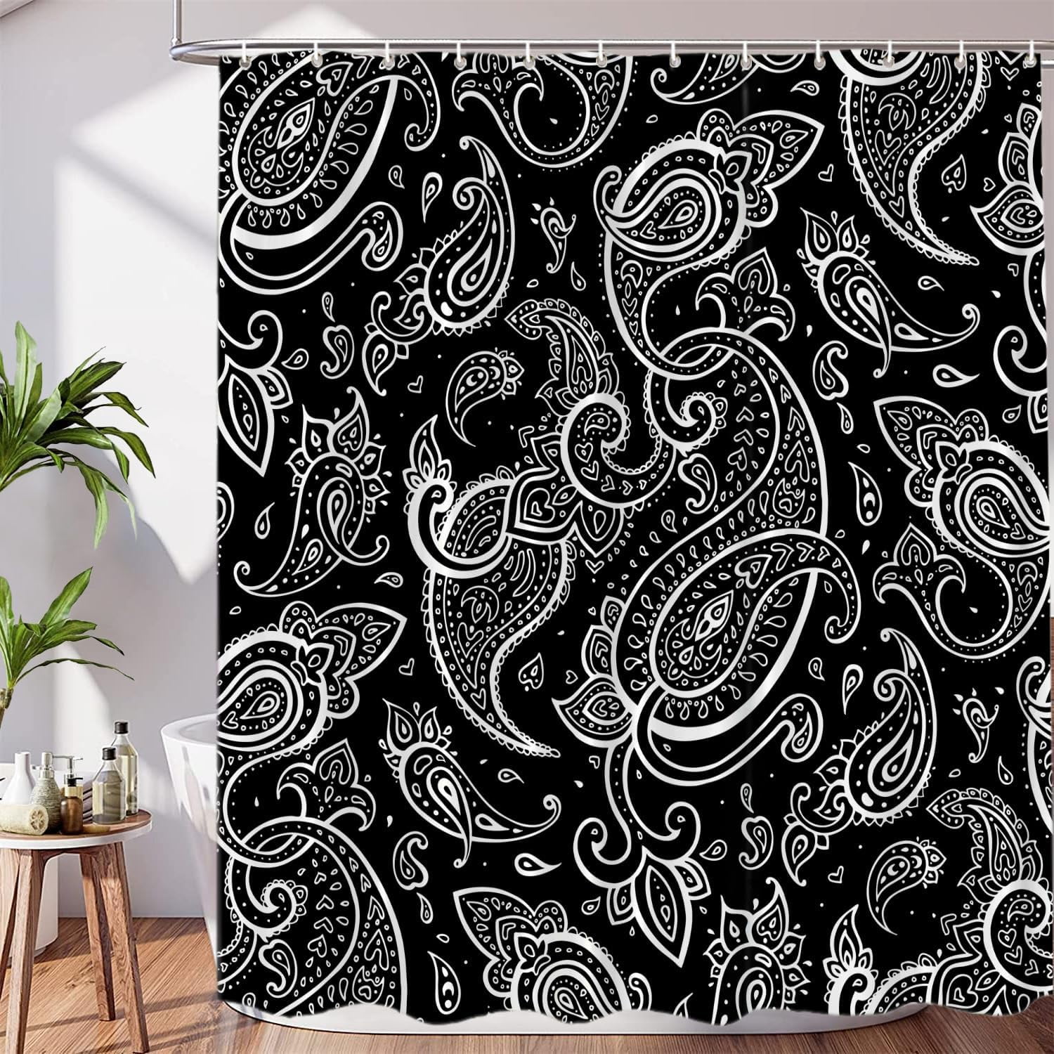 Black Paisley Floral Decor Shower Curtain Set,Bandana Silk Neck Scarf ...