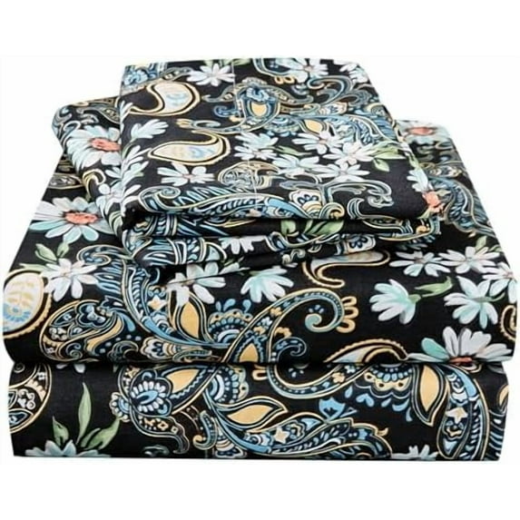 Black Paisley Floral Printed Sheet Set King Size, 4 Piece Soft Pattern ...