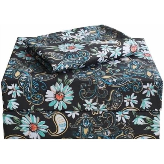 Black Paisley Floral Printed Sheet Set Twin Size, 3 Piece Soft Pattern ...