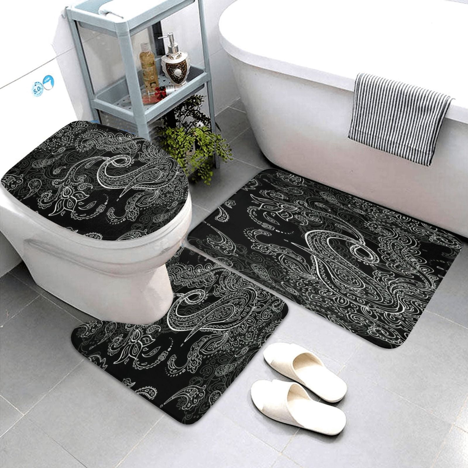 Black Paisley pattern Bath Mat Set 3 Piece Non Slip Rug Toilet Lid ...
