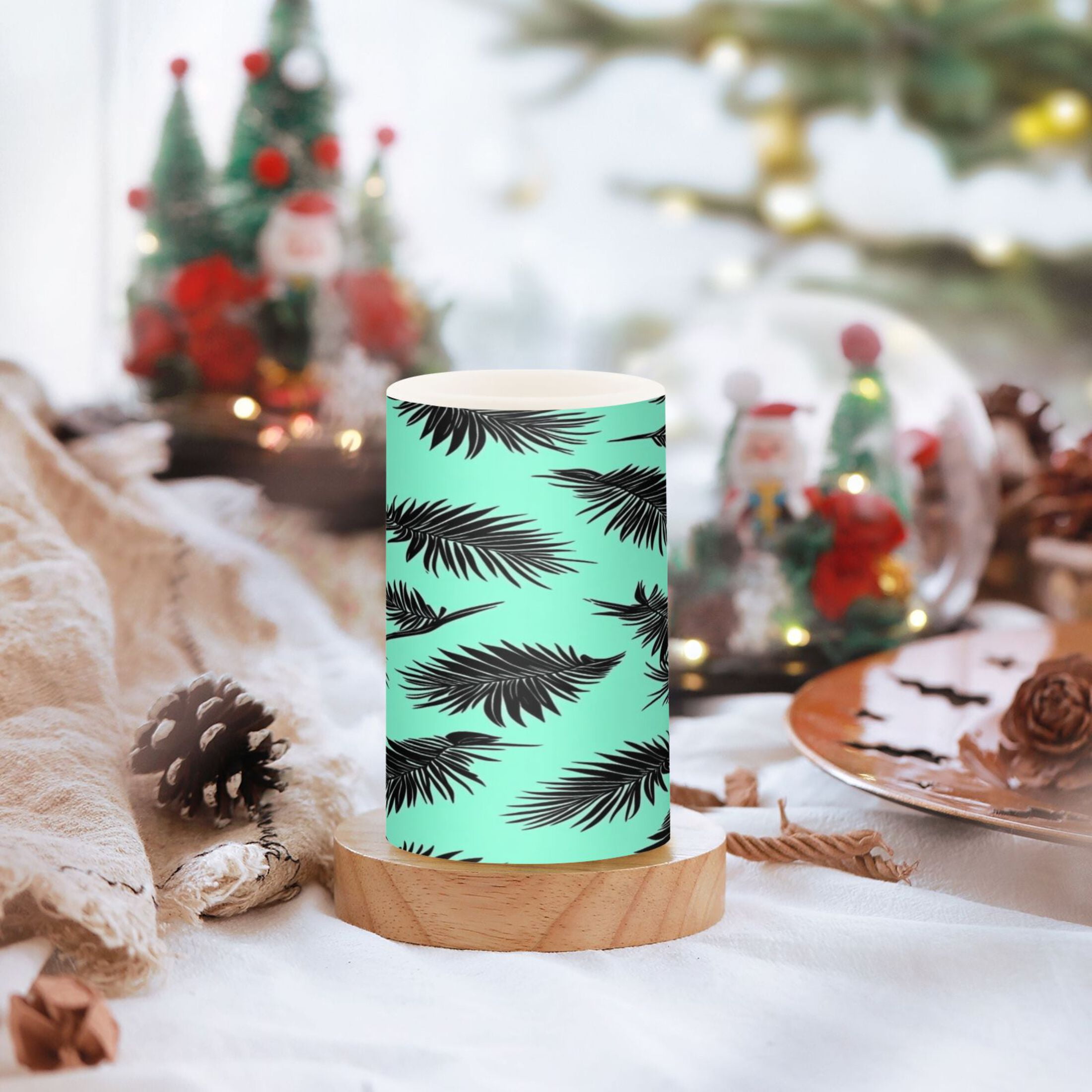 Black Palm Leaf Print Set of 2 Flameless LED Candles Remote and Timer ...