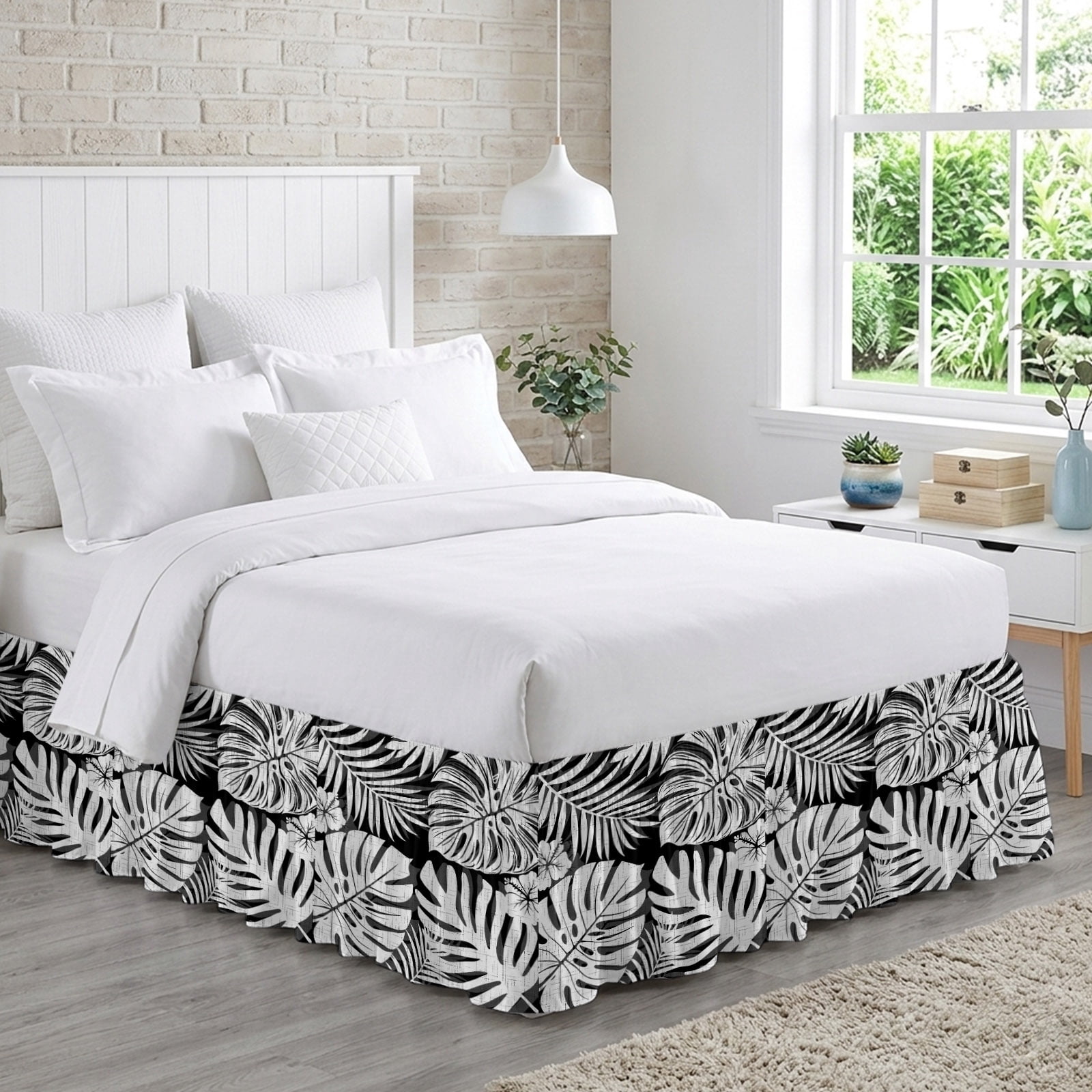 Black Palm Leaves Bed Skirt King Size 18 Inch Drop, Tropical Botanical ...