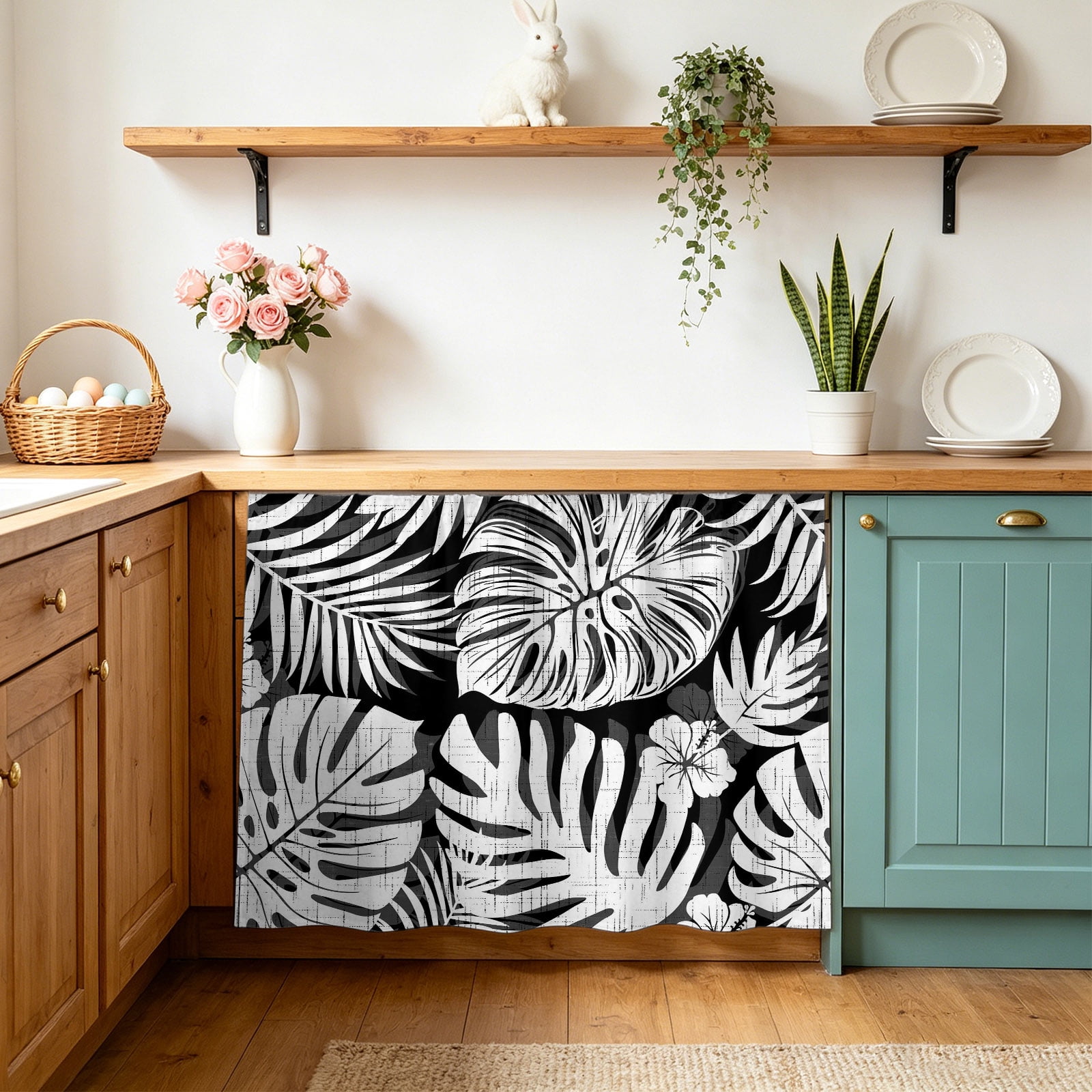 Black Palm Leaves Cabinet Curtains 28" W x 35" L Tropical Botanical ...