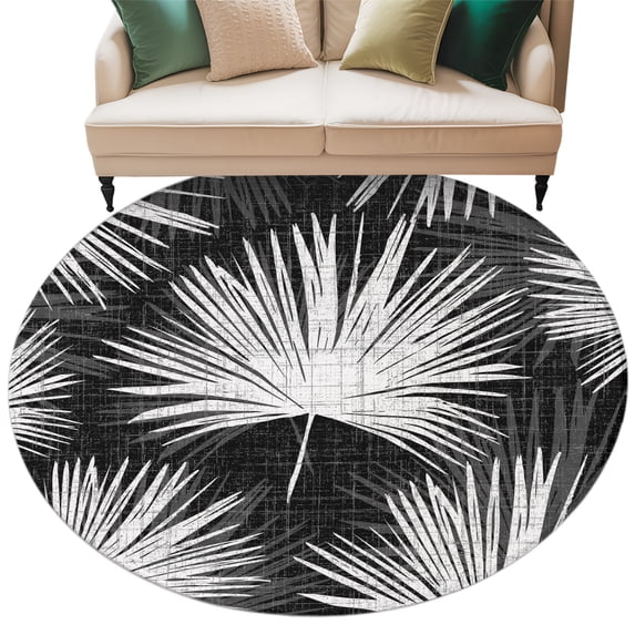 Black Palm Leaves Coastal Round Rug 8ft Washable Circle Rugs Non Slip ...