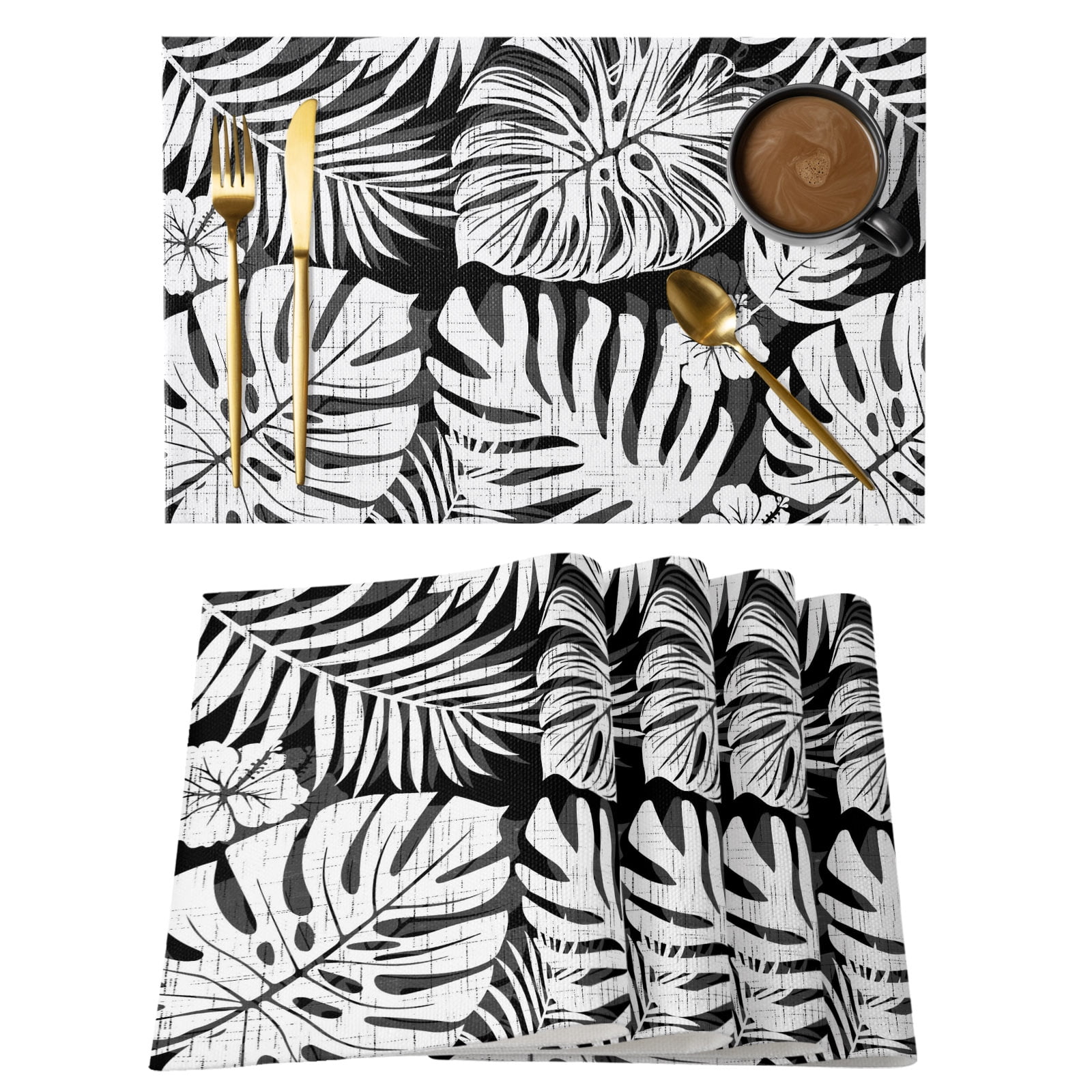 Black Palm Leaves Cotton Linen Placemats Set of 8, Tropical Botanical ...