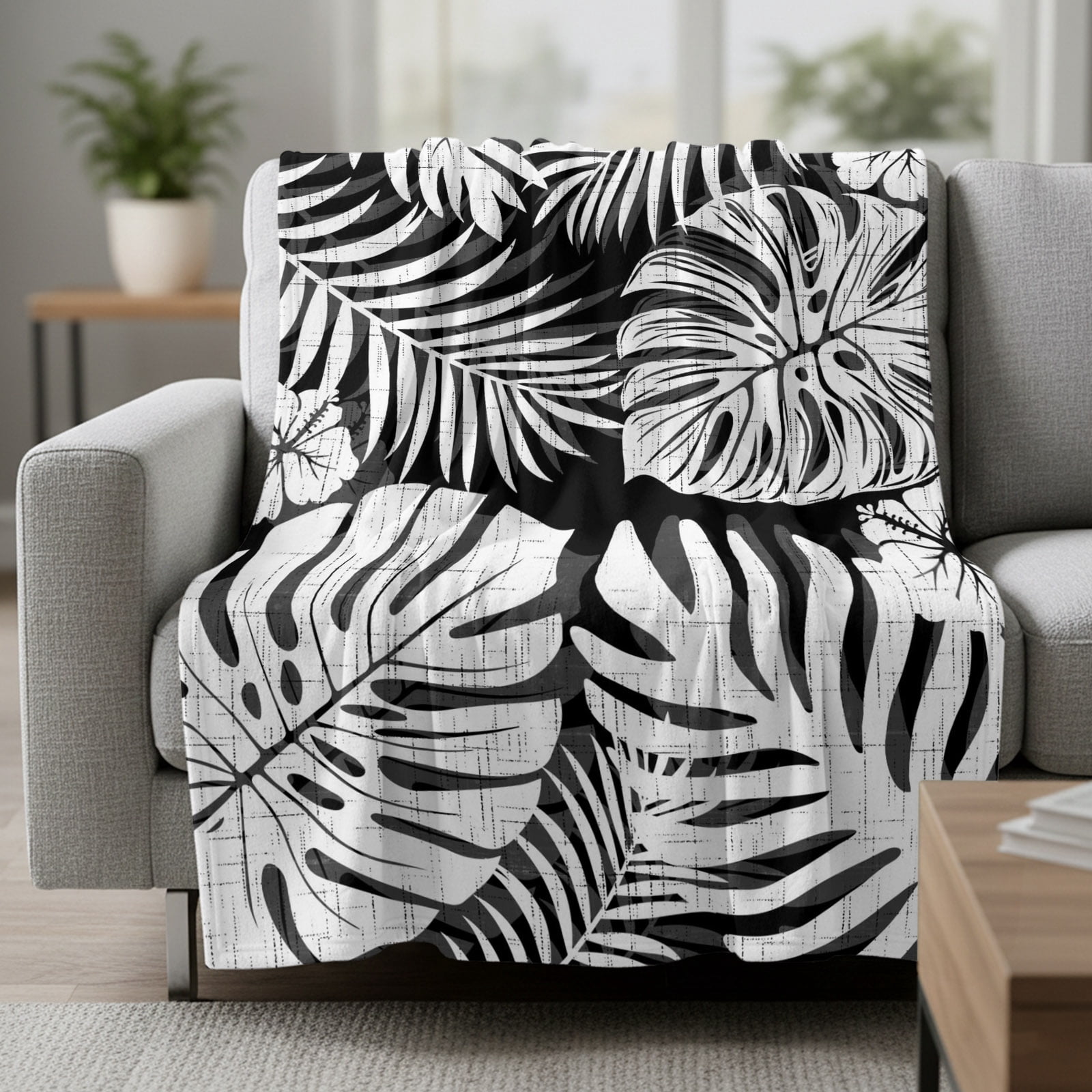 Black Palm Leaves Fleece Throw Blanket Tropical Botanical Minimalist ...