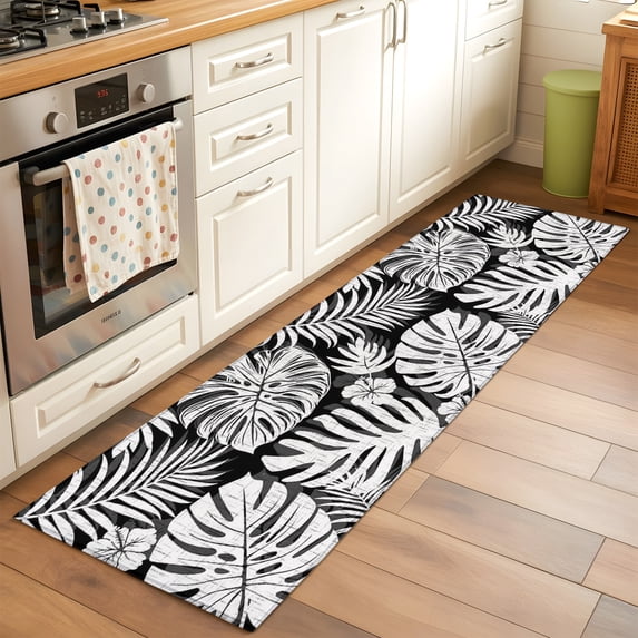 Black Palm Leaves Hallway Washable Runner Rug 2x6 Tropical Botanical ...