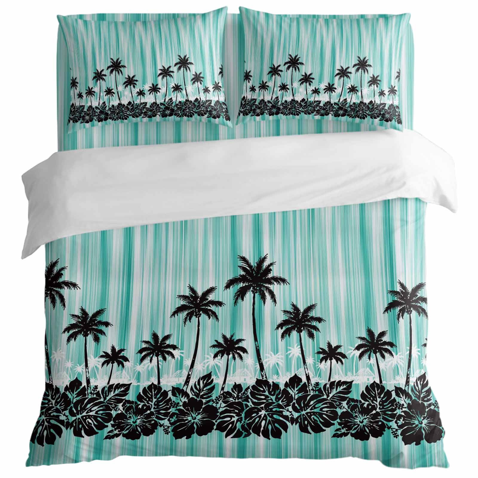 Black Palm Silhouettes King Size Bed Set,Summer Turquoise Striped ...