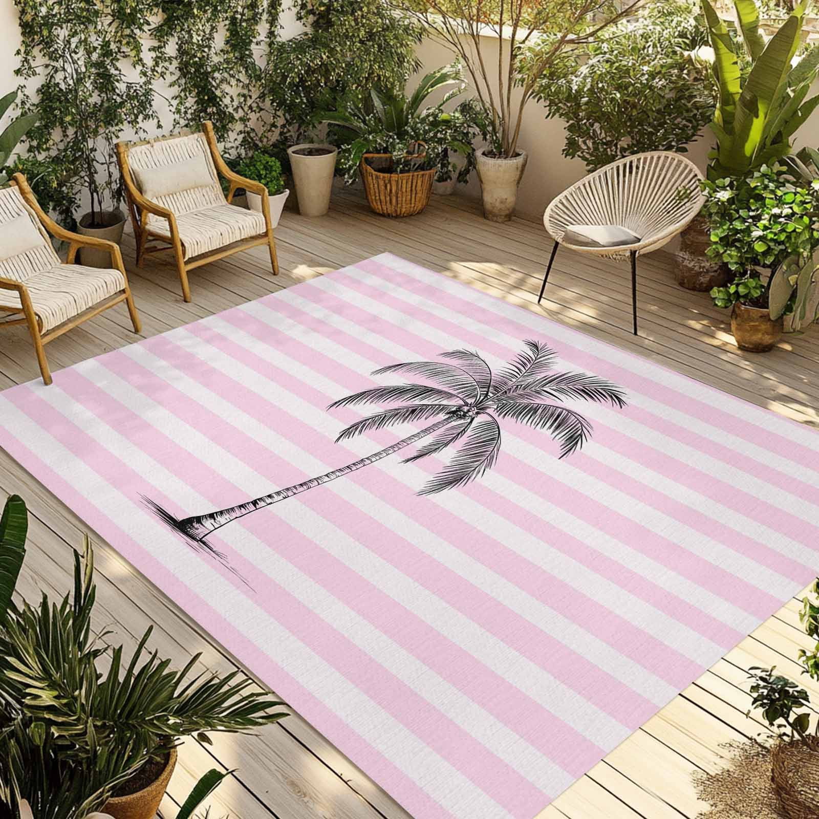 Black Palm Tree Outdoor Rug, Boho Summer Tropical Tree Coastal Pink ...
