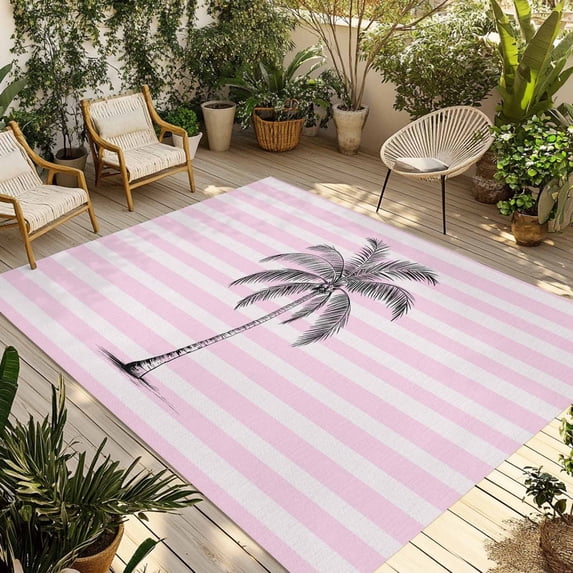 Black Palm Tree Outdoor Rug, Boho Summer Tropical Tree Coastal Pink ...