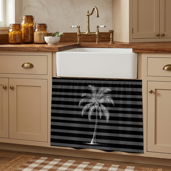 Black Palm Tree Small Cabinet Curtains 11"W x 13"L, Summer Tropical ...