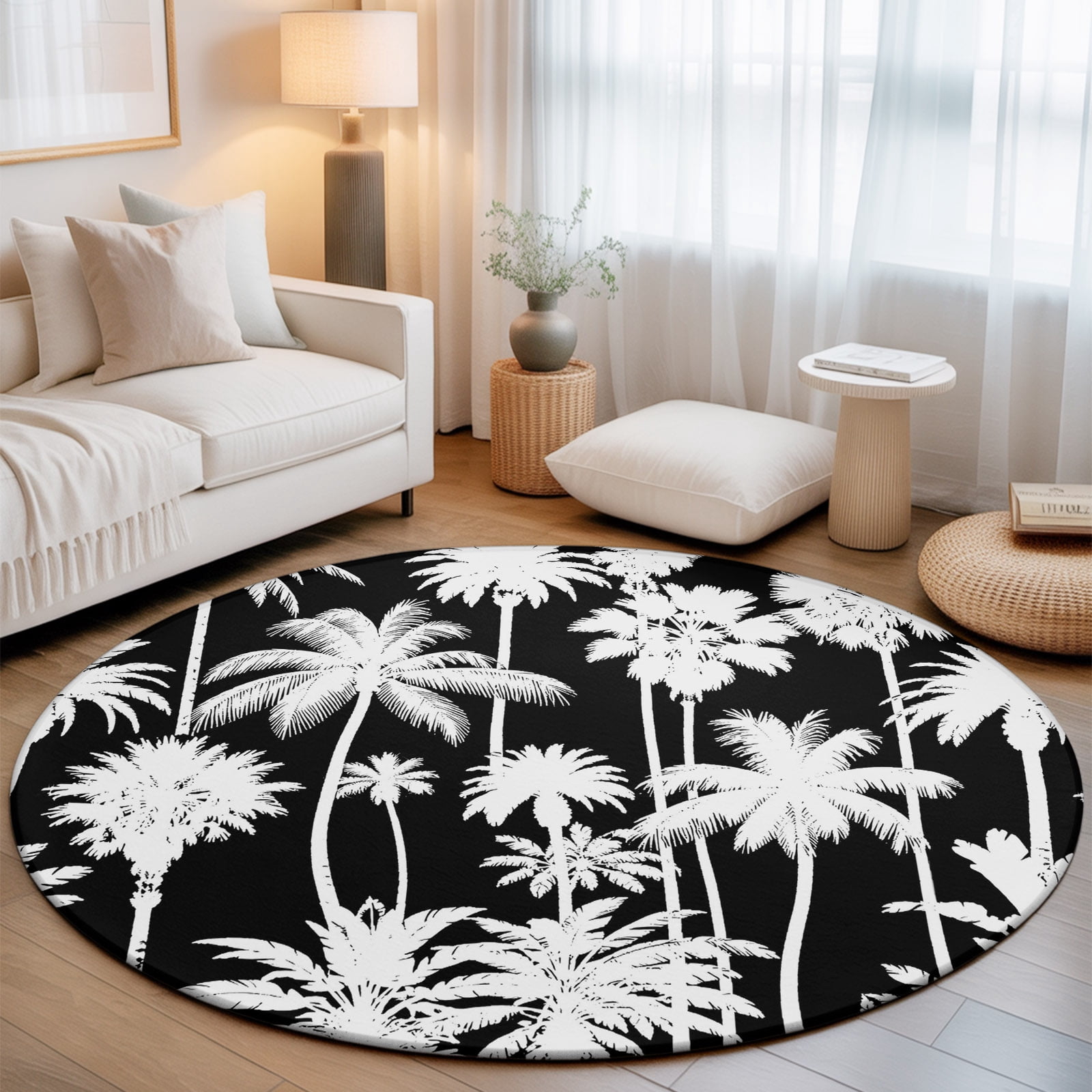 Black Palm Trees Round Living Room Rugs 4 ft, Summer Beach Tropical ...