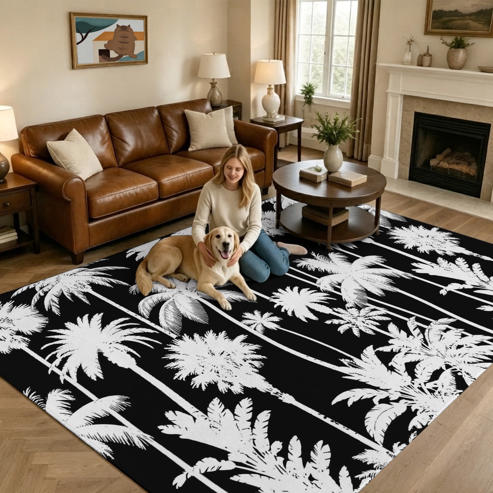 Black Palm Trees Washable Area Rug 5x7 Summer Beach Tropical Botanical ...