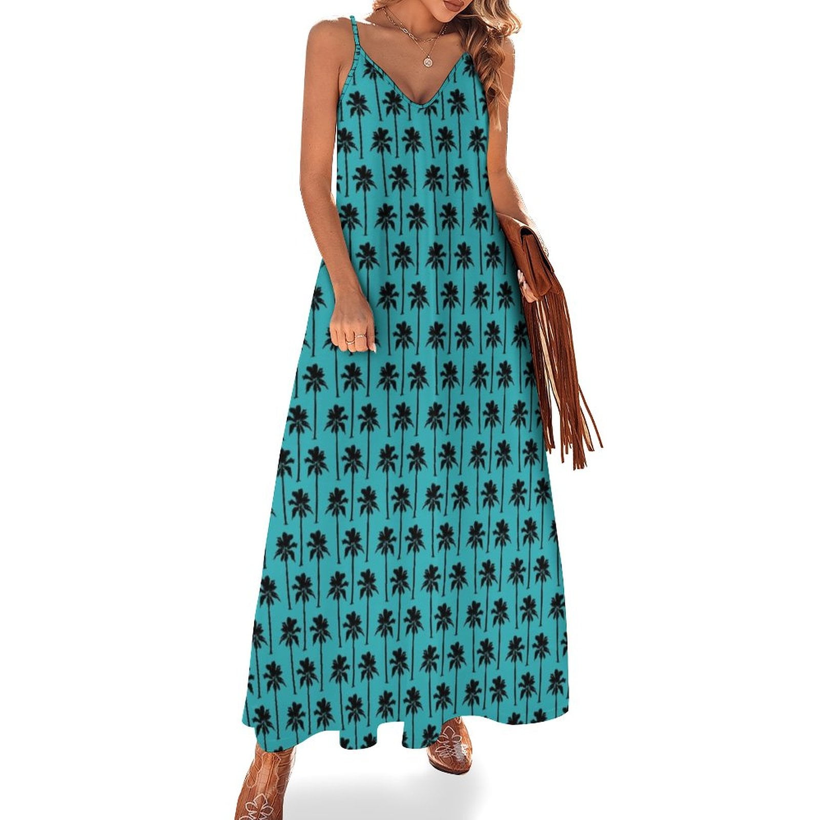 Black Palm Trees on Aqua Background Sleeveless Dress ladies dresses for ...