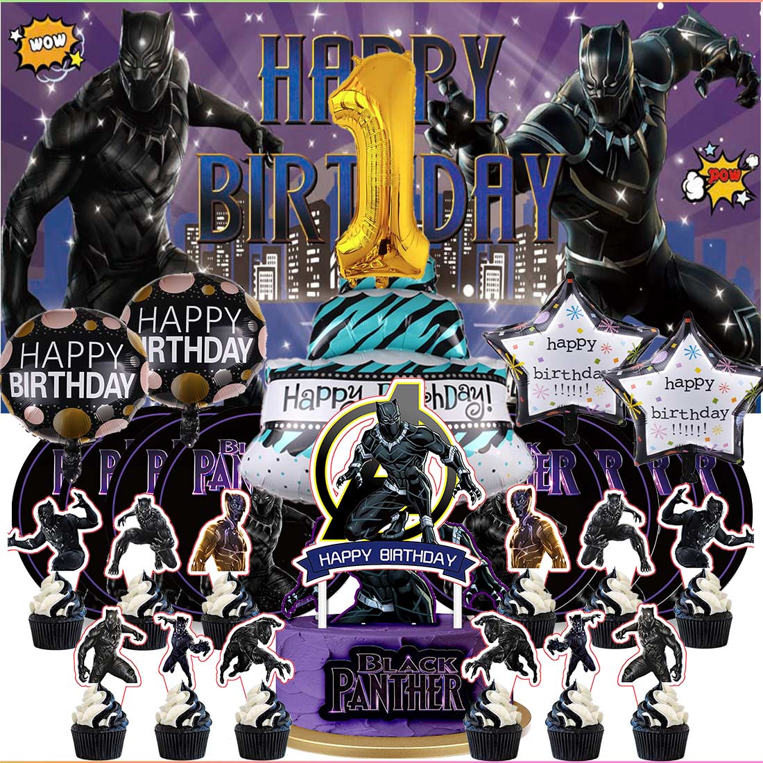 Black Panther 1st Tableware Balloons Cake Toppers Backdrop Banner ...
