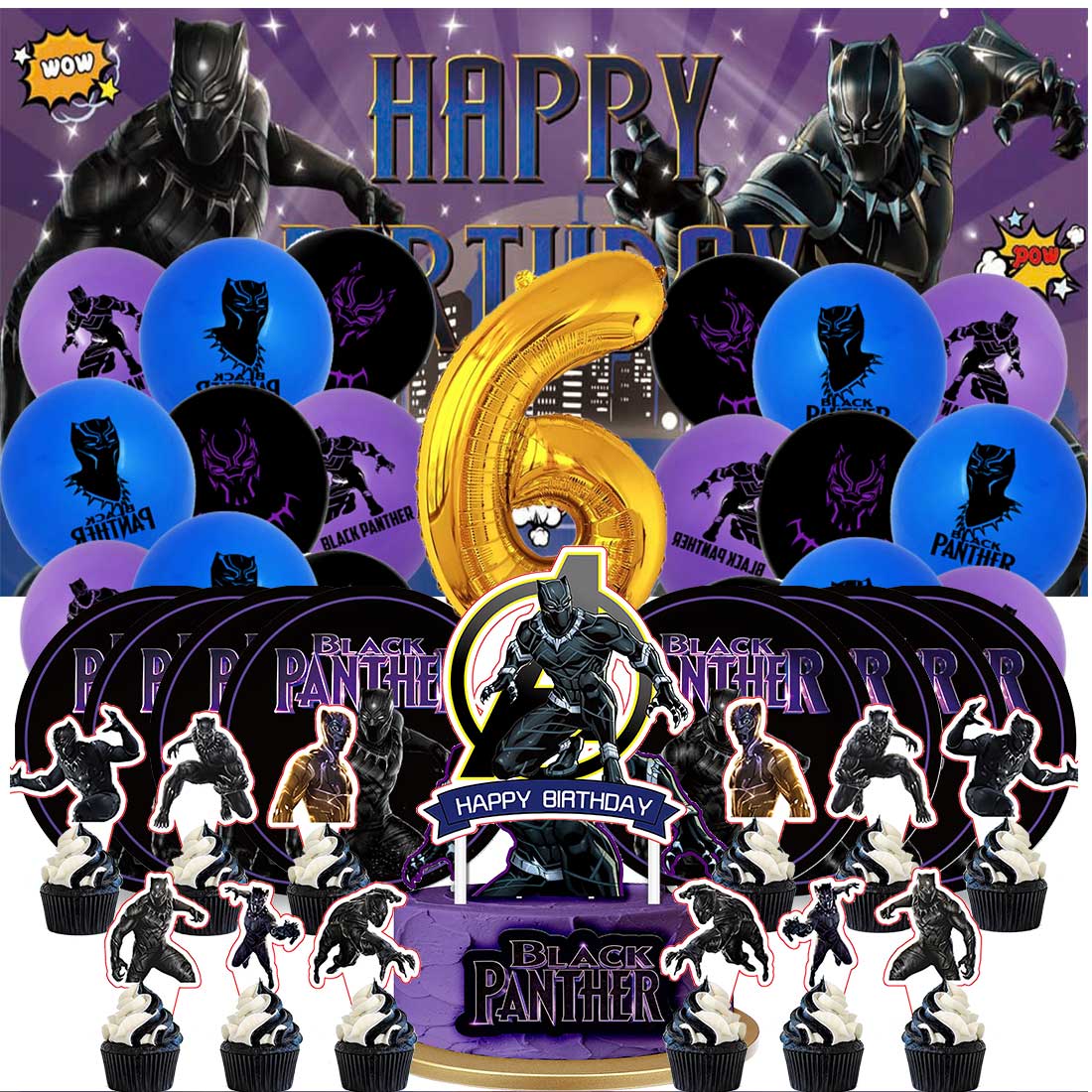 Black Panther Balloons Party Supplies 6th Decor Tableware Birthday Cake ...