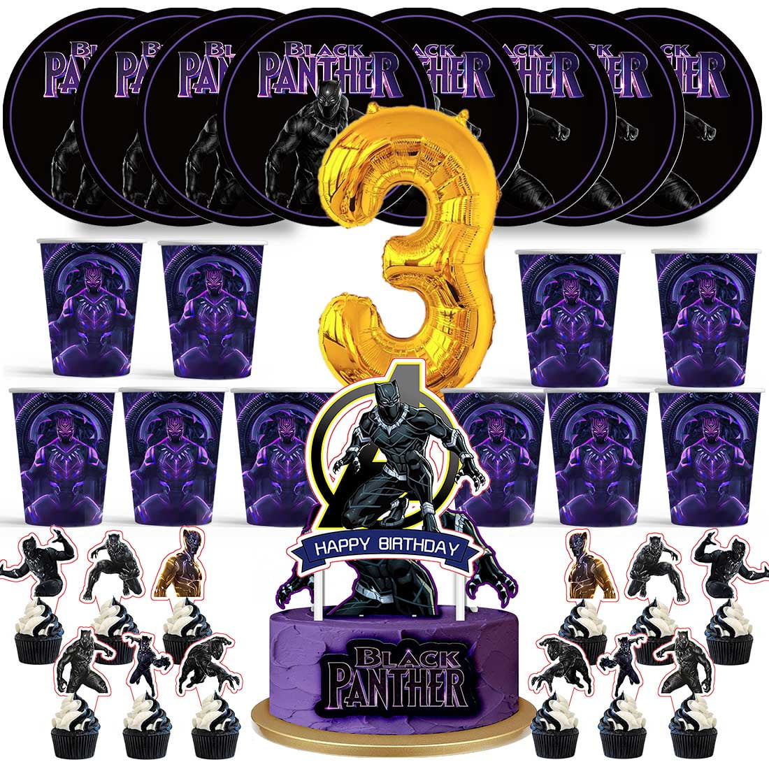 Black Panther Birthday 3rd Cups Party Supplies Plates Fans Decorations ...