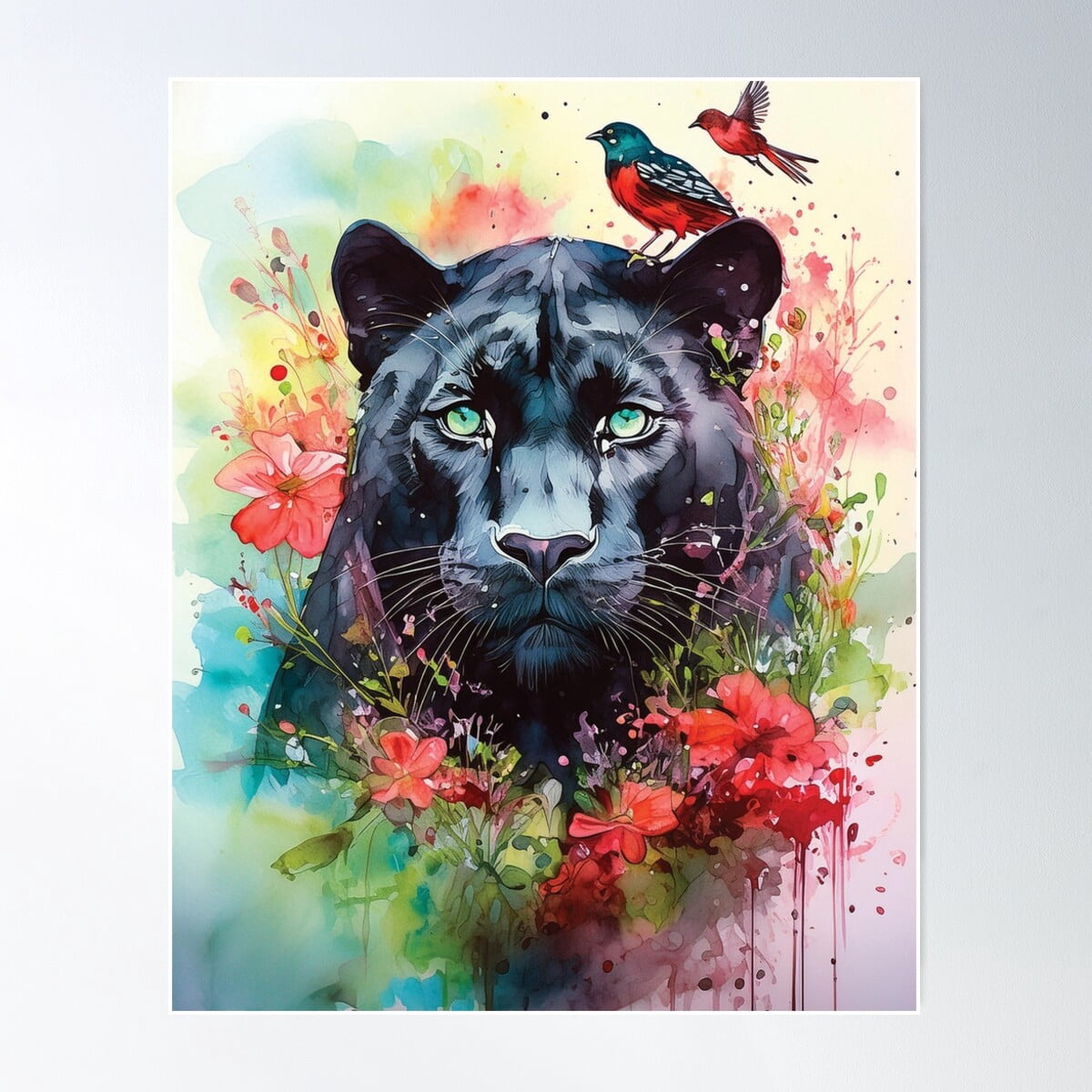 Black Panther In Watercolor Florals, Flowers And Watercolour Birds ...