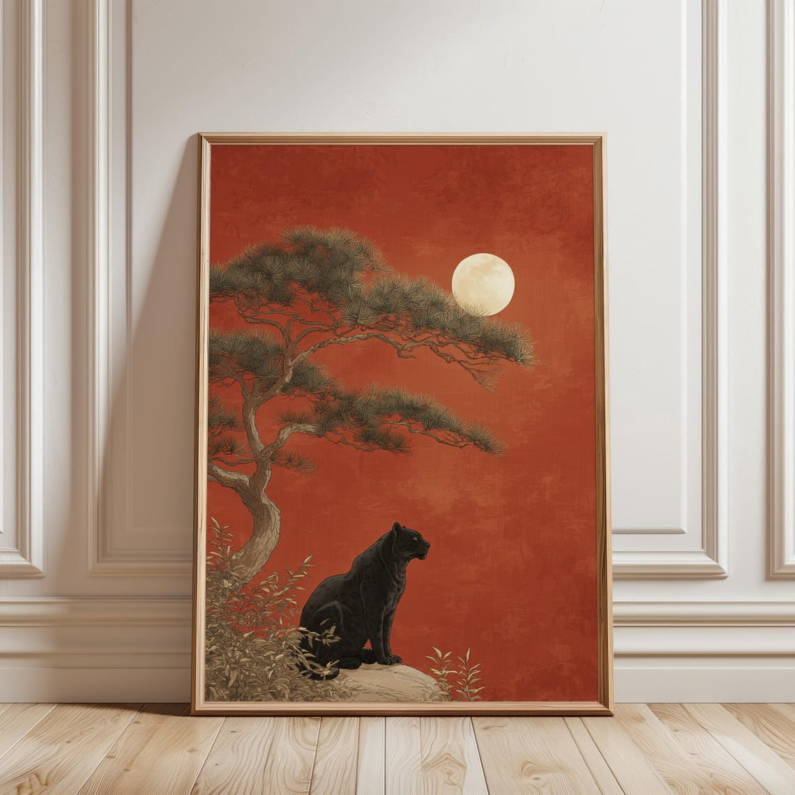 Black Panther Japanese Moonlit Landscape Minimal Wildlife Nature Art ...