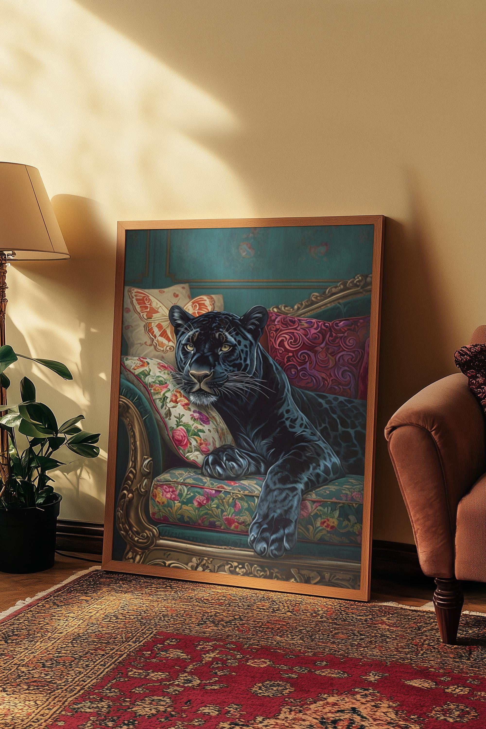 Black Panther Relaxing On Green Armchair Art Print Dopamine Decor ...