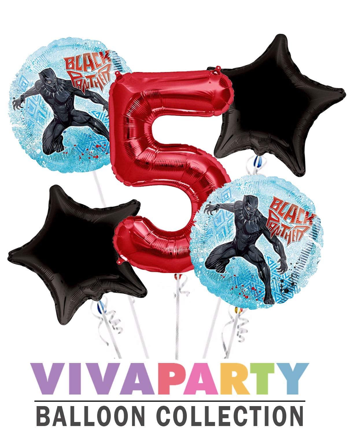 Black Panther Round Balloon Bouquet 5 pc, 5th Birthday, Red Number 5 ...