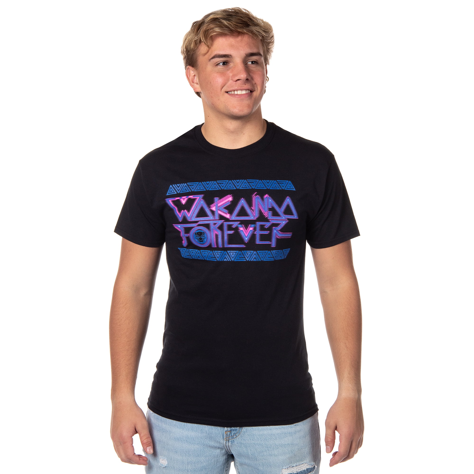 Black Panther Wakanda Forever Men's Neon Tribal Logo Adult T-Shirt ...