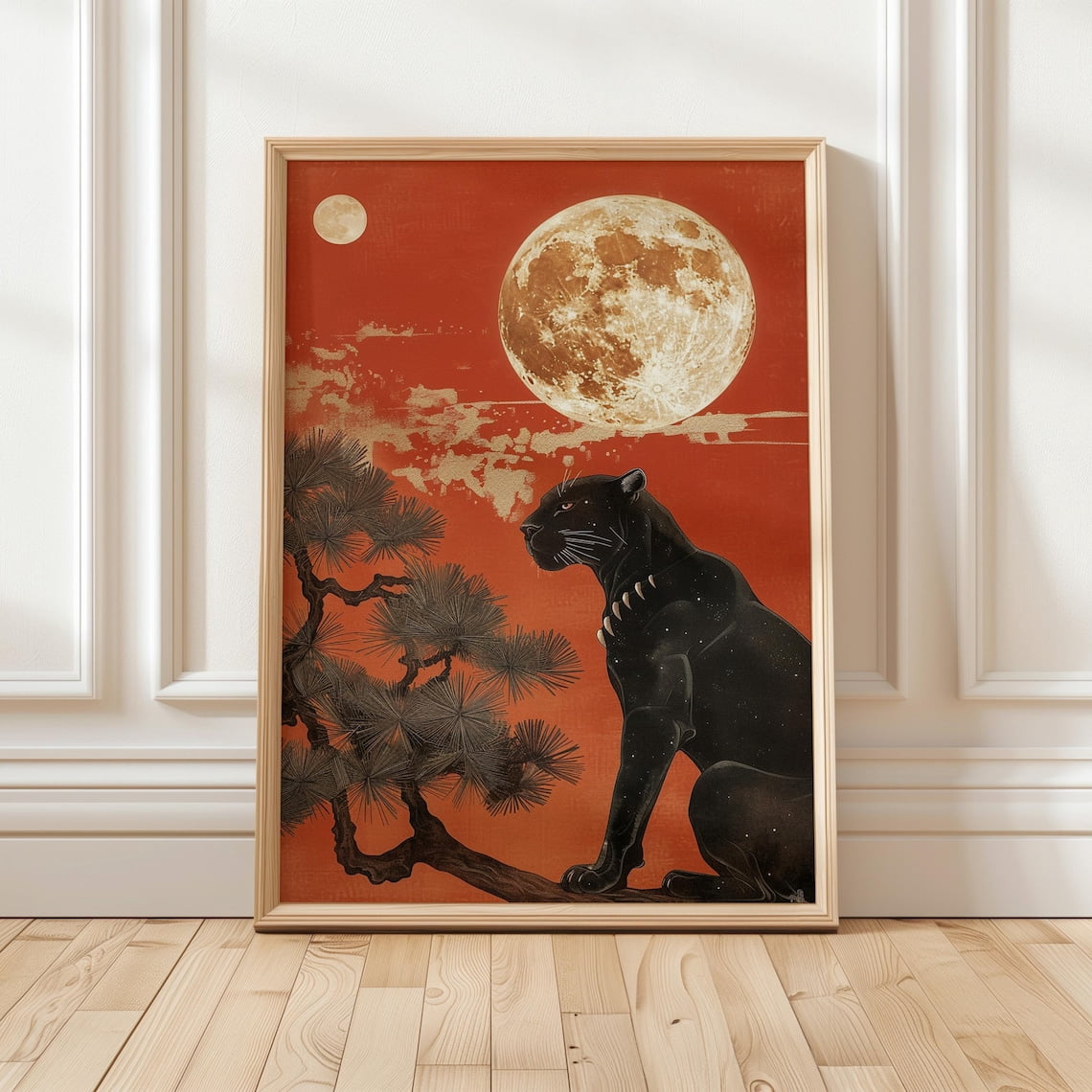 Black Panther Wall Art Japanese Style Moon Red Sky Artwork Illustration ...